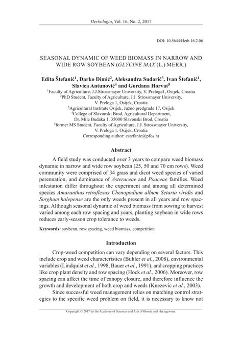 Pdf Seasonal Dynamic Of Weed Biomass In Narrow And Wide Row Soybean