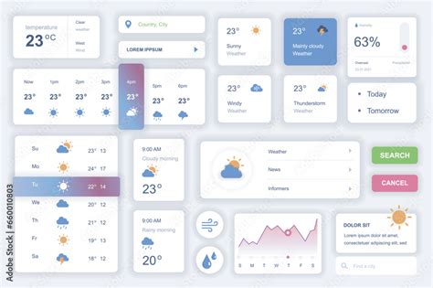 User Interface Elements Set For Weather Mobile App Kit Template With Hud Diagrams Meteorology