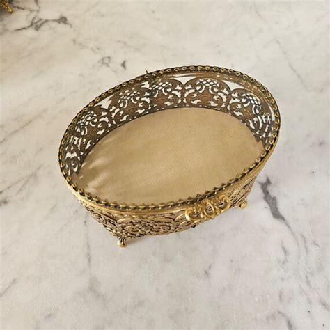 Vintage Oval Filigree Jewelry Casket Box Gem