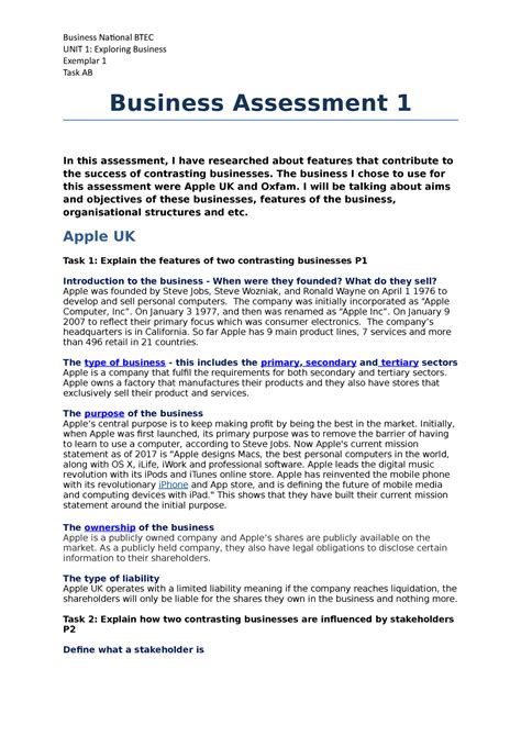 Btec National Exploring Business Unit 1 Unit 1 Exploring Business Exemplar 1 Task Ab