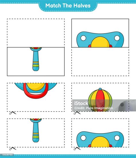 반쪽을 일치시다 베이비 래틀과 젖꼭지의 절반을 일치합니다 교육 어린이 게임 인쇄 워크 시트 벡터 일러스트레이션 0명에 대한 스톡 벡터 아트 및 기타 이미지 Istock
