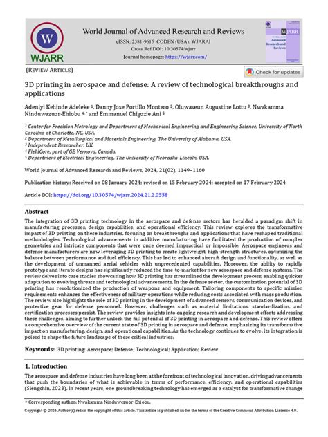 3d Printing In Aerospace And Defense A Review Of Technological Breakthroughs And Applications