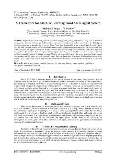 pdf a framework for machine learning based multi agent system