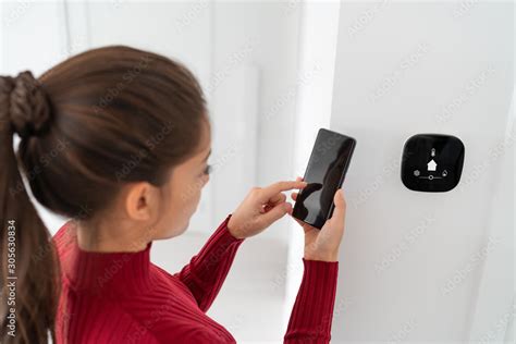 Smart Home Automation Woman Using Phone App Regulating Indoor Temperature Regulation Smart House