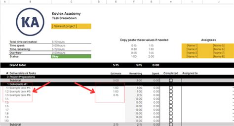 Template Project Breakdown Sheet Kevlex Academy