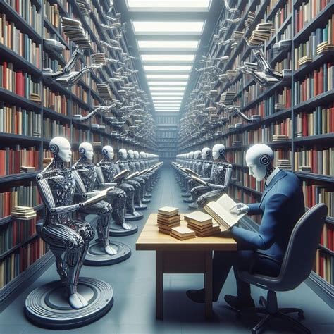 A Robot Sit On Library Table And Read Book Ai Generated Premium Ai Generated Image