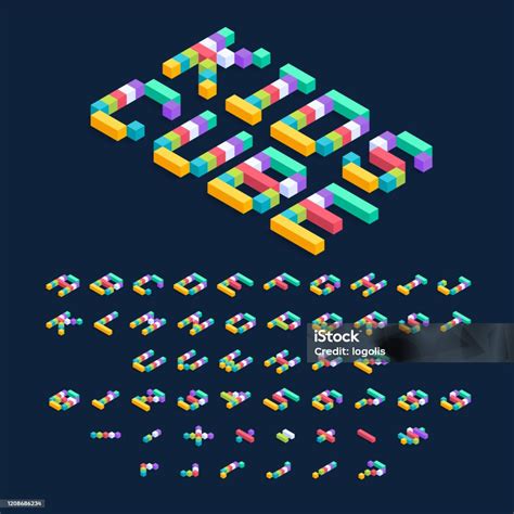 아이소메트릭 컬러풀큐브 3d 글꼴 디자인 입체 알파벳 문자 및 숫자 벡터 일러스트레이션 0명에 대한 스톡 벡터 아트 및 기타