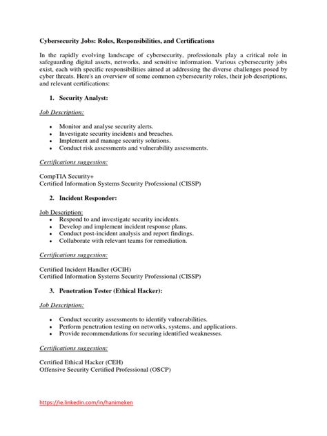 Cybersecurity Job Roles Responsibilities And Certifications Pdf Security Computer Security