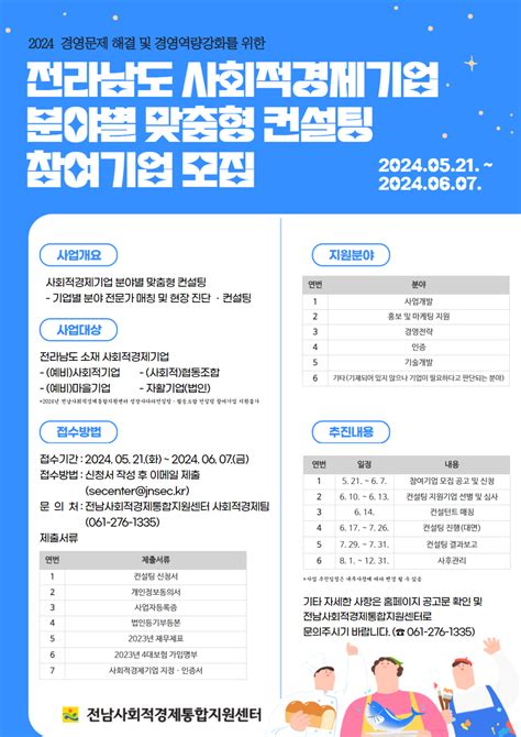 2024년 전라남도 사회적경제기업 분야별 맞춤형 컨설팅 참여기업 모집 센터공지 전남사회적경제통합지원센터