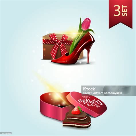어머니의 날을 위한 아이콘 세트 튤립이 들어간 여성신발 하트와 사탕 모양의 선물 3차원 형태에 대한 스톡 벡터 아트 및 기타 이미지 3차원 형태 개념 개념과 주제