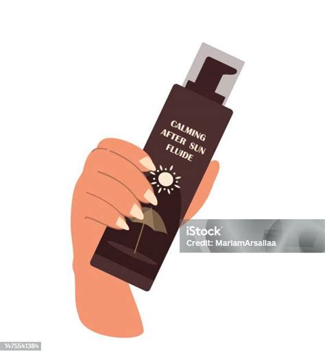 Sunproduct 진정 및 보습 피부 자외선 차단제 후 자외선 차단제 스프레이 병을 들고 있는 손건강한 태닝 일광욕antiuv 크림 로션격리된 플랫 벡터 그림 건강한 생활