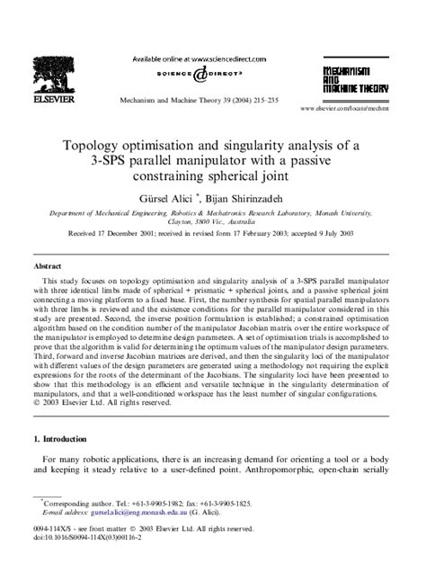Pdf Topology Optimisation And Singularity Analysis Of A 3 Sps Parallel Manipulator With A