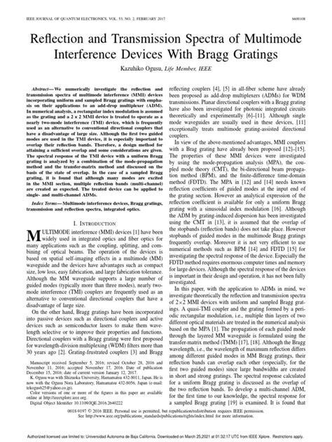 Reflection And Transmission Spectra Of Multimode Interference Devices With Bragg Gratings Pdf