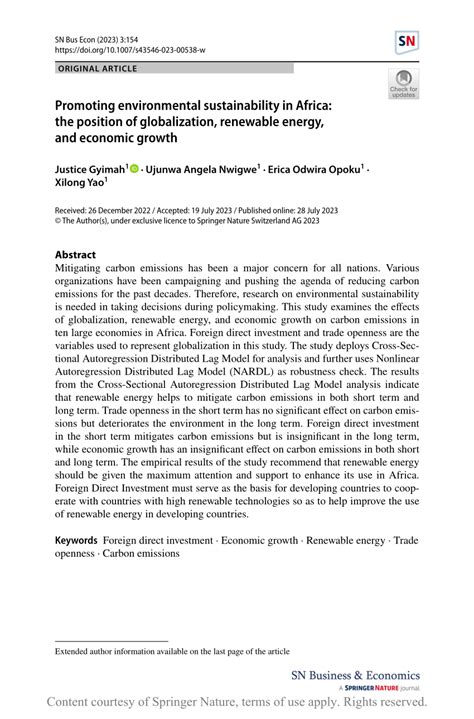 Promoting Environmental Sustainability In Africa The Position Of