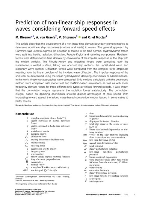 Pdf Prediction Of Non Linear Ship Responses In Waves Considering Forward Speed Effects