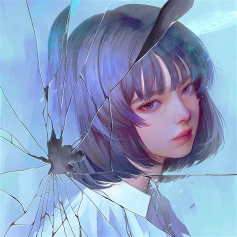 Фото Девушка с голубыми волосами за разбитым стеклом