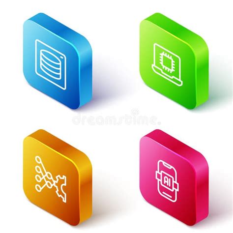 Set Isometric Line Server Data Processor Cpu Neural Network And