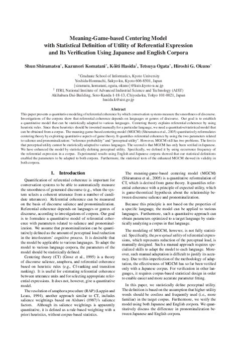 Pdf Meaning Game Based Centering Model With Statistical Definition Of Utility Of Referential