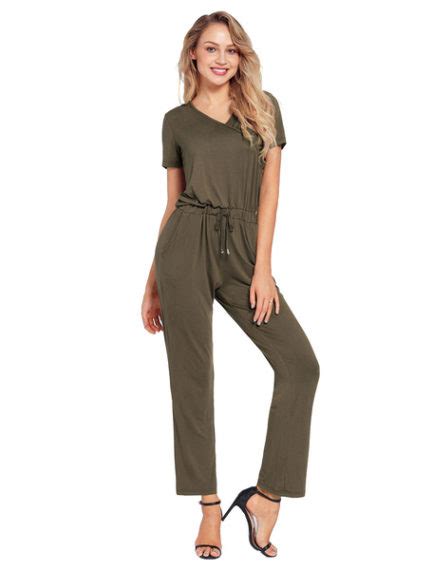 V Neck Short Sleeve Straight Leg Jumpsuit Power Day Sale