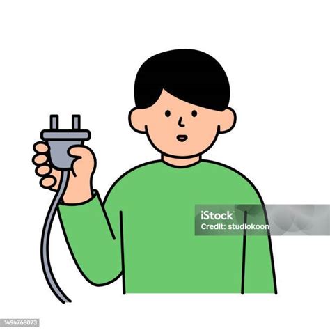 남자는 에너지를 절약하기 위해 전원 플러그를 뽑는다 환경 전력 및 에너지 절약 개념 만화 플랫 벡터 그림입니다 전기 플러그에 대한 스톡 벡터 아트 및 기타 이미지 Istock