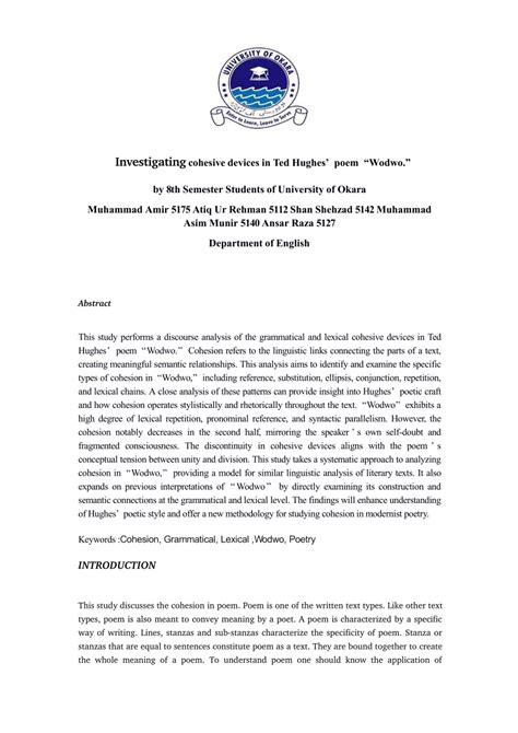 Pdf Investigating Cohesive Devices In Ted Hughes Poem Wodwo