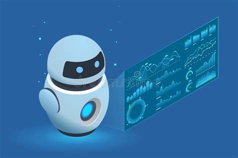 isometric ai robot interacting with digital analytics interface