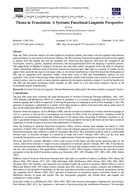 Pdf Theme In Translation A Systemic Functional Linguistic Perspective
