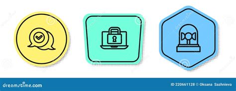 Set Line Check Mark In Speech Bubble Laptop And Lock And Flasher Siren
