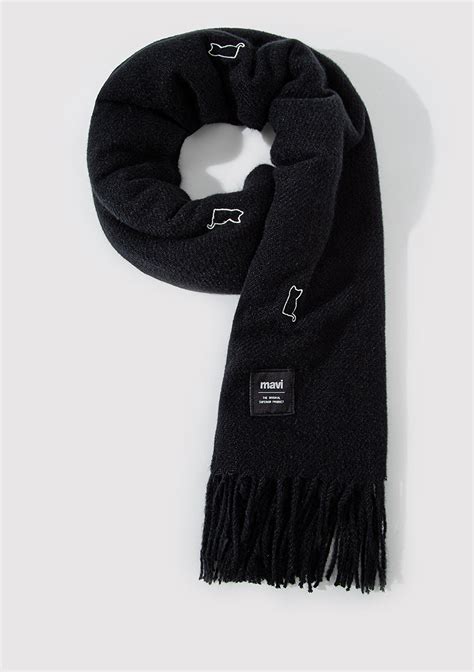 Kadın Kedi Nakışlı Siyah Atkı