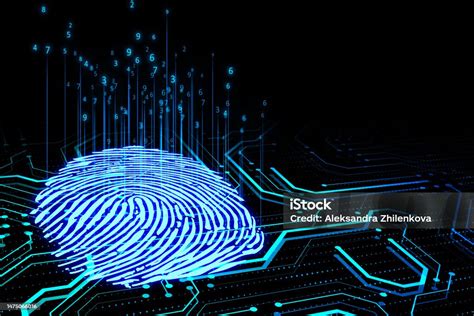 파란색 지문이 있는 디지털 표면이 인쇄 회로에 통합되어 어두운 배경에 이진 코드를 방출합니다 3d 렌더링 3차원 형태에 대한 스톡 사진 및 기타 이미지 Istock