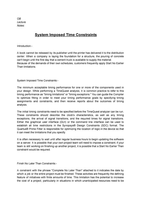 System Imposed Time Constraints Ob Lecture Notes System Imposed Time