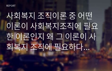 사회복지 조직이론 중 어떤 이론이 사회복지조직에 필요한 이론인지 왜 그 이론이 사회복지 조직에 필요하다고 생각하는지 조직이론의 내용을 기록하고 자신의 의견을 서술하시오 레포트