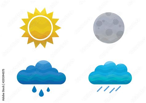 Modern Weather Icons Sun Moon Heavy Rain Clouds And Rainy Clouds