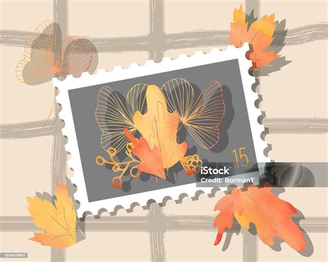 그라데이션 핸드 그린 우표와 잎의 벡터 가을 수채화 꽃다발 가을 윤곽 수채화 잎의 그림 가을 이겨진 오렌지 잎을 곁들인 격자무늬우표 0명에 대한 스톡 벡터 아트 및 기타