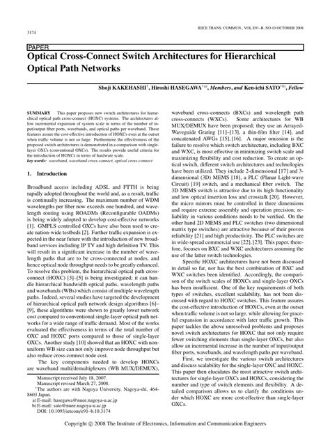 Pdf Optical Cross Connect Switch Architectures For Hierarchical Optical Path Networks