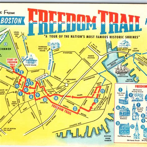 C1960s Boston Ma Freedom Trail Map Historic Boston Greetings From
