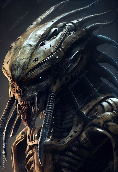 Predator Alien Head With A Sleek Metallic Look Sharp Teeth And