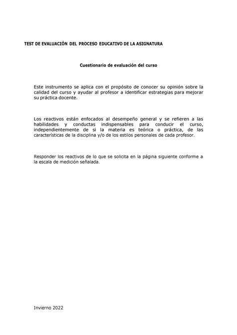 No Leer Es Incognito Kdkd Invierno 2022 Test De EvaluaciÓn Del