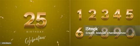 생일 기념일 황금 숫자 숫자 25 템플릿 설정 축하 생일 벡터 배경 벽지 파티 초대장 인사말 카드 포스터를 위한 색종이 조각이 있는 노란색 배경에 금 숫자 1에 대한 스톡