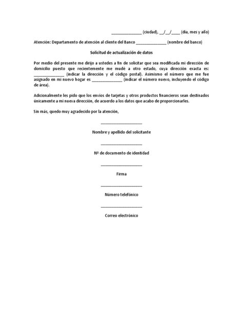 Modelo De Carta De Actualización De Datos Personales Para Entidades