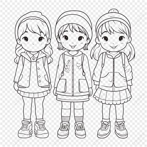 겨울 옷을 입은 세 어린 소녀 색칠 페이지 개요 스케치 드로잉 벡터머리머리카락 Png 일러스트 무료 다운로드 Lovepik
