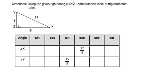 solved directions using the given right triangle xyz complete the