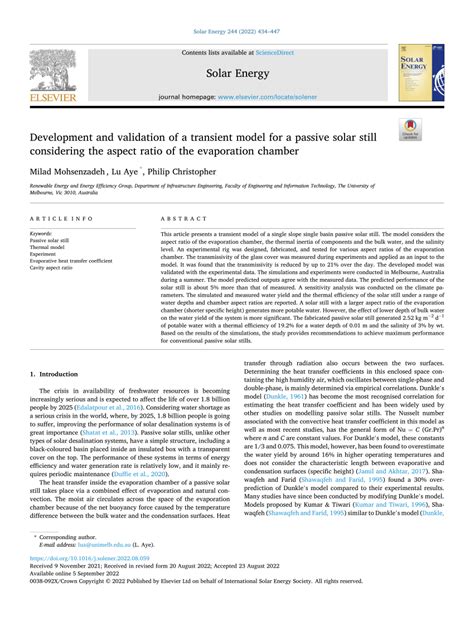 Pdf Development And Validation Of A Transient Model For A Passive Solar Still Considering The