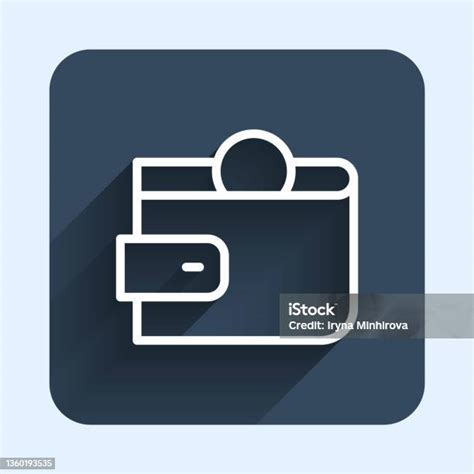 긴 그림자 배경으로 격리 된 화이트 라인 지갑 아이콘 지갑 아이콘입니다 현금 저축 기호 파란색 정사각형 버튼 벡터 0명에 대한