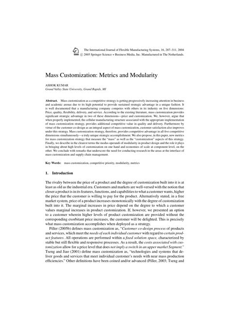 Pdf Mass Customization Metrics And Modularity