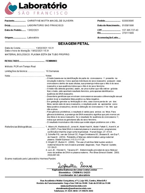 Resultado Do Exame De Sexagem Fetal Indicando Sexo Feminino Para