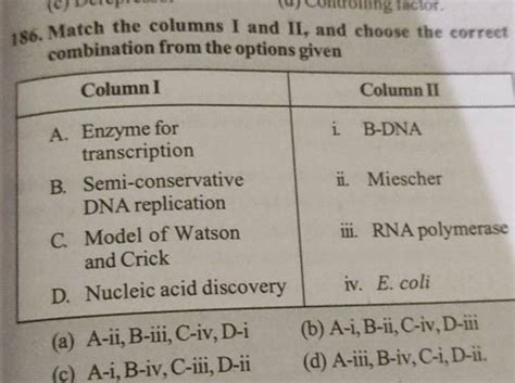 Match The Columns I And Ii And Choose The Correct Combination From The O