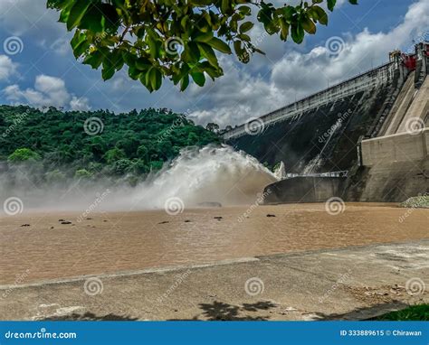 A Large Dam Gate With Floodgate Spillway On The Khun Dan Prakan Chon Dam Stock Image Image Of