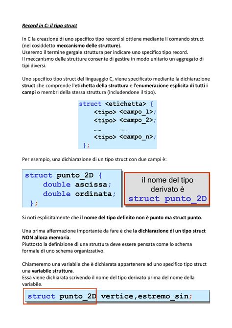 Tipi Struct In C Appunti 1 Record In C Il Tipo Struct In C La Creazione Di Uno Specifico