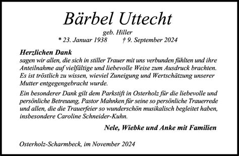 Traueranzeigen Von Bärbel Uttecht Trauer And Gedenken
